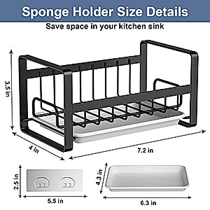Kitchen Sink Caddy Sponge Holder, 304 Stainless Steel Sink Tray Drainer Rack, Soap Brush Dispenser, Countertop or Adhesive Sponge Holder Organizer for Sponge Dish Brush Soap with Removable Drain Tray