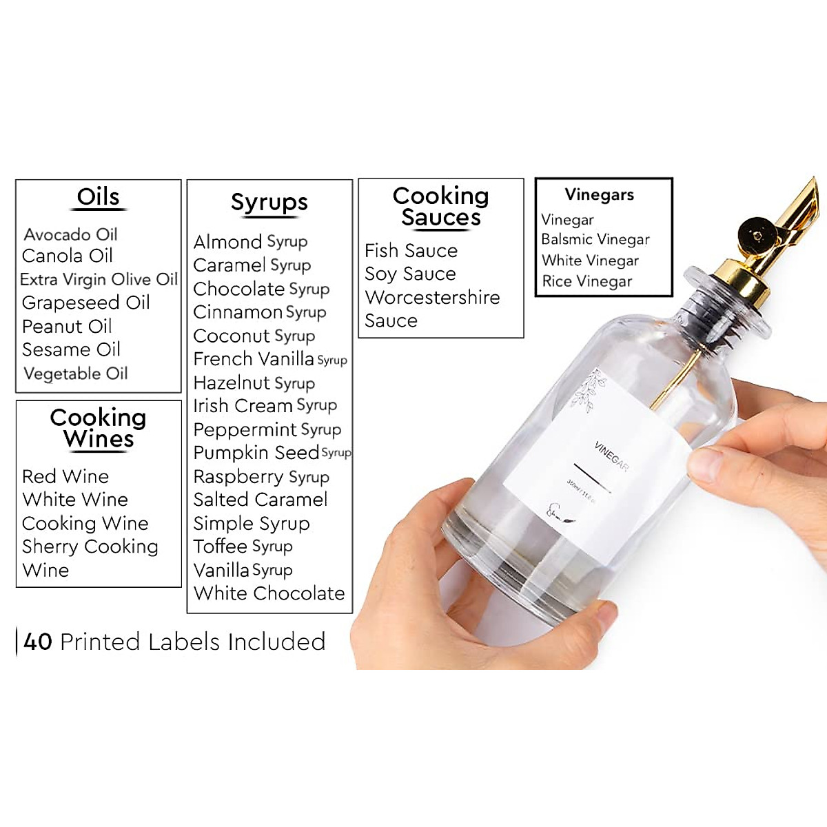 Apothecary Olive Oil Dispenser Bottle For Kitchen - Free Spout, 40 labels & Funnel - Coffee Syrup Dispenser Bottle, Glass Cooking Oil And Vinegar Dispenser Set Container, Pitcher, Cruet, Silver