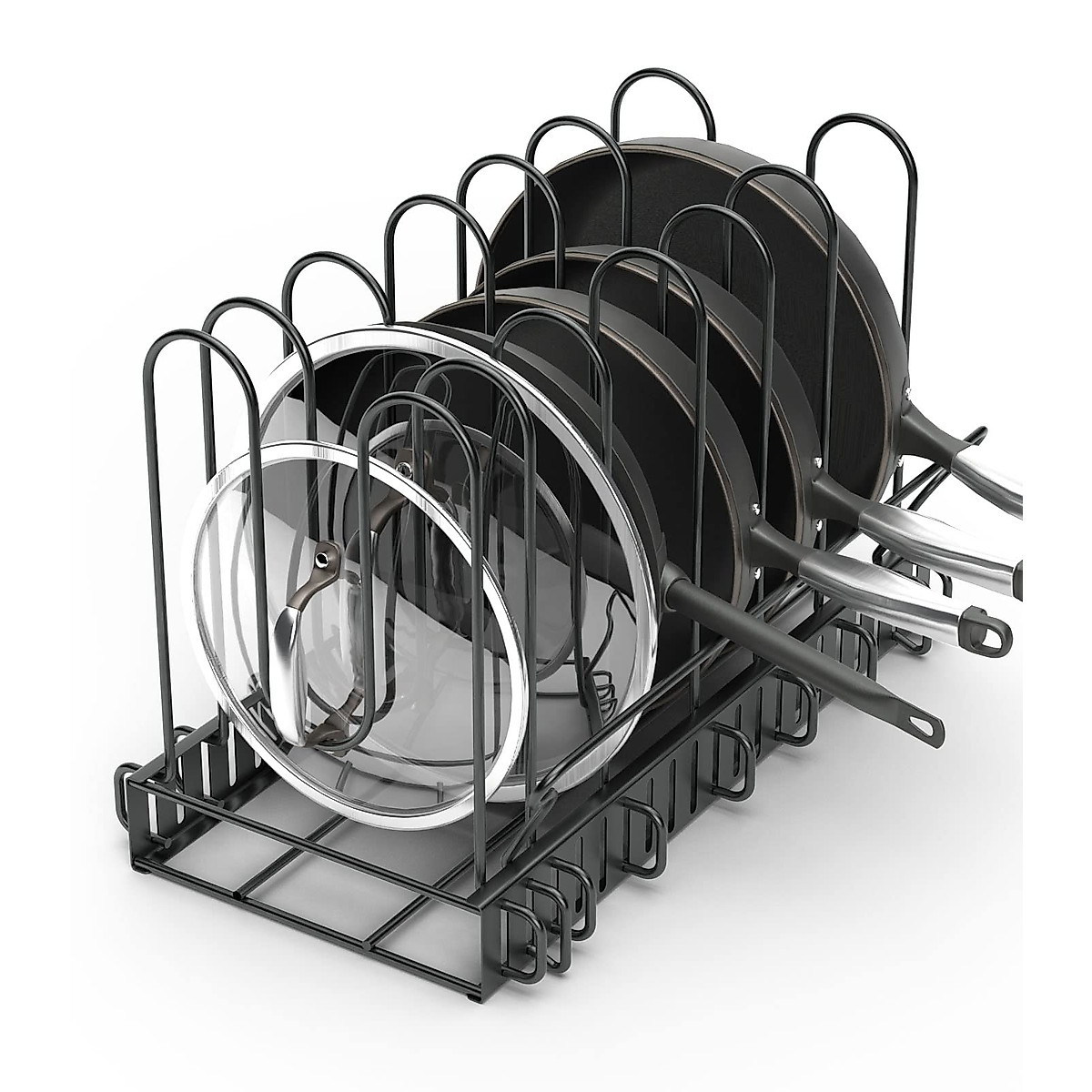 Vdomus Pan Organizer with Pot lid Holder Handle Bracket Design, Black Metal Kitchen Pot and pan organizer rack for cabinet or Counter, pot organizer with 7 adjustable dividers
