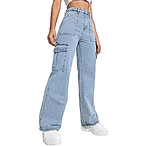 SweatyRocks Women's High Waist Cargo Jeans Flap Pocket Wide Leg Denim Pants Light Wash S