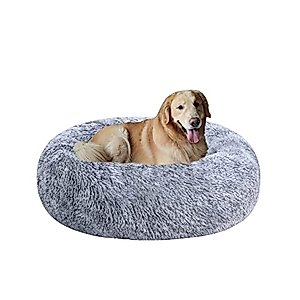 Poohoo Calming Faux Fur Donut Cuddler Dog Bed,Washable Round Cat Bed Pillow Cuddler Gradient Color(23"/30") for Small Medium Dogs(L 30",Grey)
