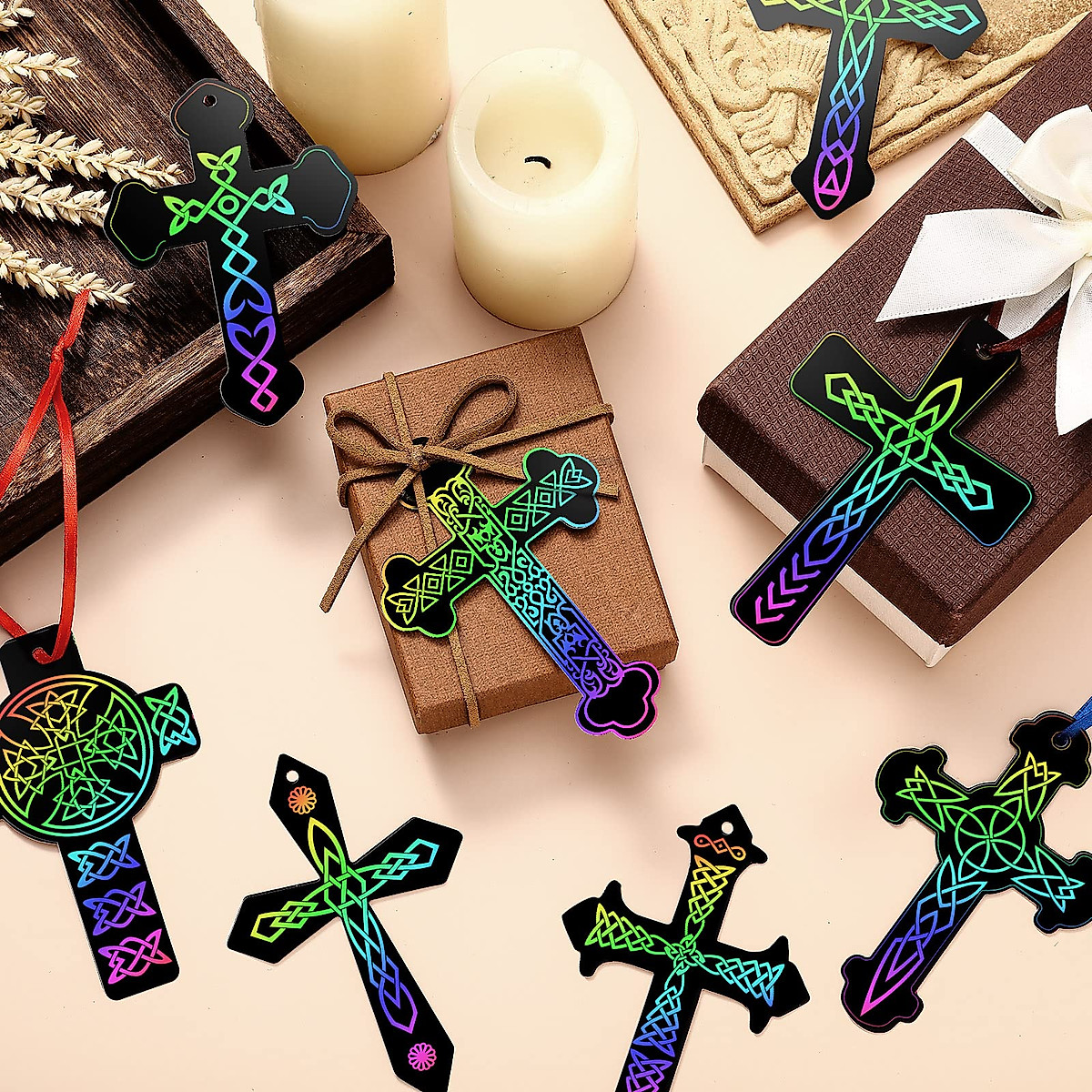 Chivao 80 Pcs Easter Scratch Cross Ornaments Rainbow Color Craft Kit DIY Scratch Paper Christian Gifts for Kids Sunday School Crafts Kids' Paper Craft Kits for Girls Boys with Wood Sticks Ribbons
