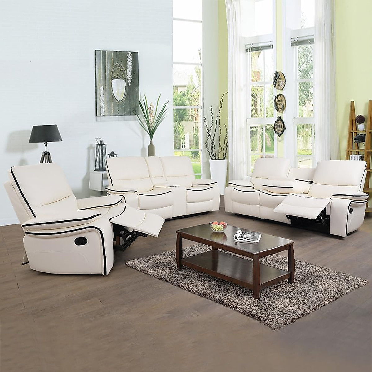 GEBADOL Manual Recliner Sofa Set, Bonded Leather Sofa with Reclining Seaters, Reclining Couch Set with Storage Console and Cup Holders for Living Room/Bedroom/Office/Apartment, Creamy-White
