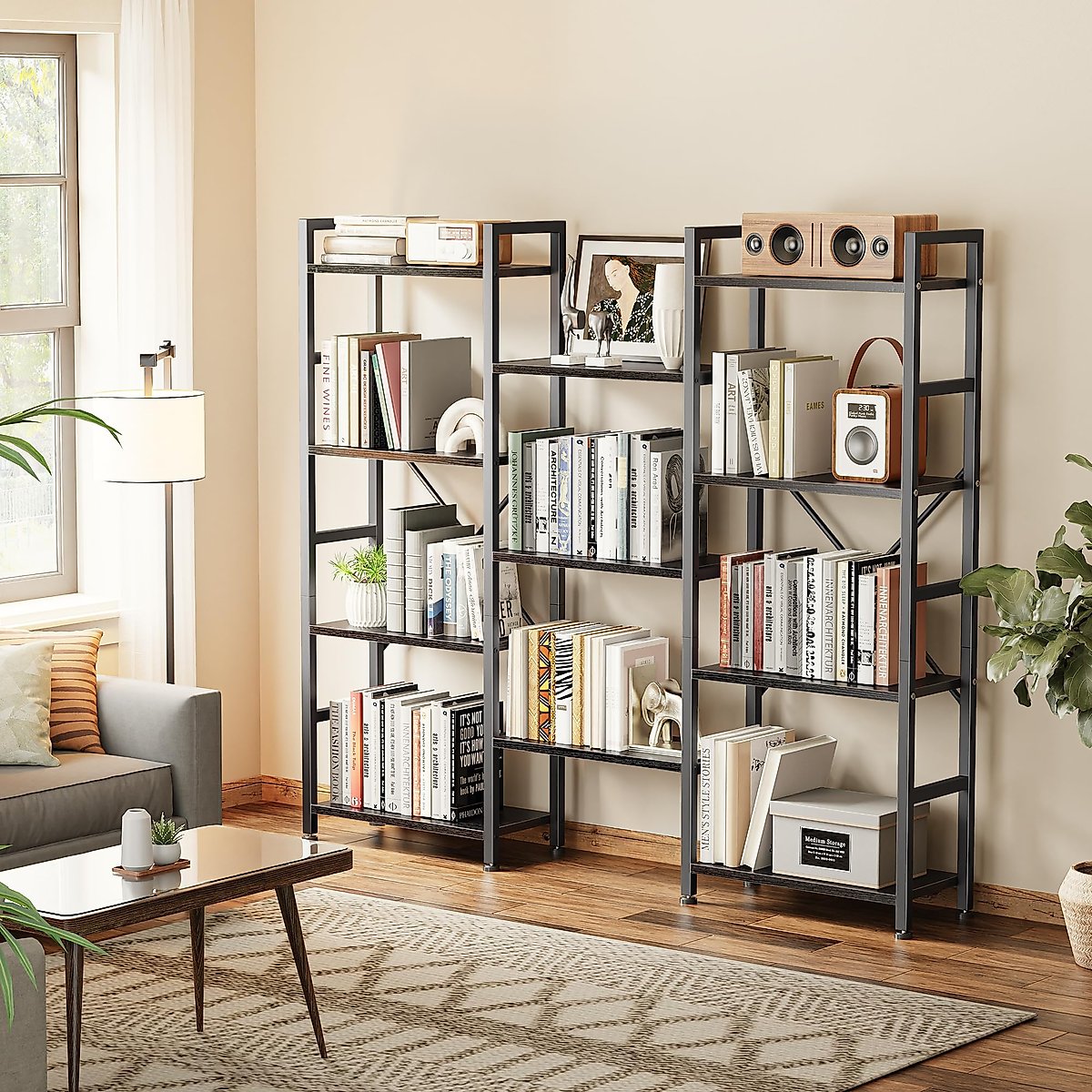 SUPERJARE Triple 4 Tier Bookshelf, Bookcase with 11 Open Display Shelves, Wide Book Shelf Book Case for Home & Office, Black