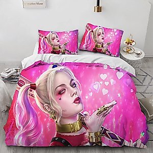 NICHIYOBI Anime Joker Girl X Team Quinn Duvet Cover 3D Bedding Comforter Cover 3 Pcs (1 Duvet Cover +2 Pillowcases) Bedding Set (02,King-104x90in+20x30in*2)