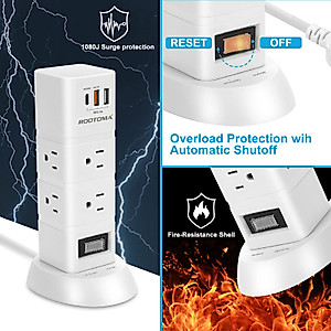 Power Strip Tower 6 Outlets with 3 USB Ports(PD20W & QC18W) Quick Desk Charging Station, 6 ft White Extension Cord, Flat Plug, Multi Plug Outlet Extender,1080 J Surge Protector for Home Office