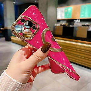 MGQILING Compatible with iPhone 14 Pro Max Magnetic Glitter Case-6.7 Inch, Luxury Love Heart Pattern Plating Case, Compatible with MagSafe for Women Girls Shockproof Back Cover-Hot Pink