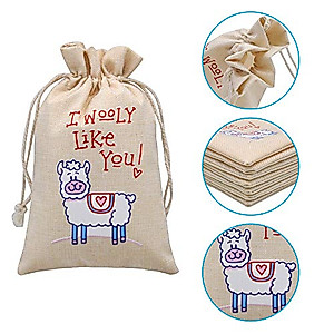 JOYIN 28 Valentine Drawstrings Canvas Bags with 3 Pens, 4x5.75 Inch Drawstring Pouch Candy Gift Linen Pockets for Kids Party Favor, Classroom Exchange Prizes