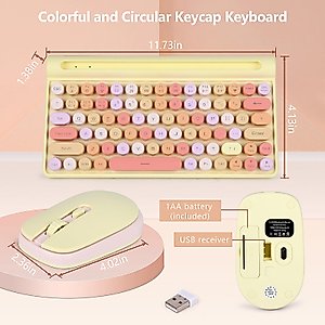 Apuode Wireless Keyboard and Mouse Combo, Bluetooth 5.0/3.0/2.4GHz, with Tablet Holder, Quiet Mute Button, Cute Retro Round Keycaps, Replaceable Battery, for PC, Mac, Laptop, Tablet