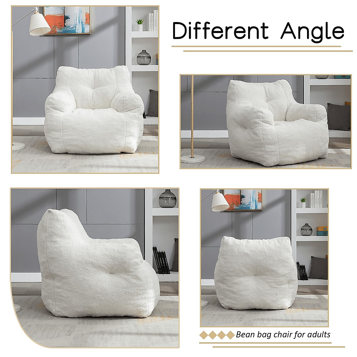 Hison Bean Bag Chairs for Adults and Kid Teddy Fabric Fluffy and Lazy Sofa Filled with Memory Sponge BeanBag Sofa with Armrests for Living Room,Bedroom(White)
