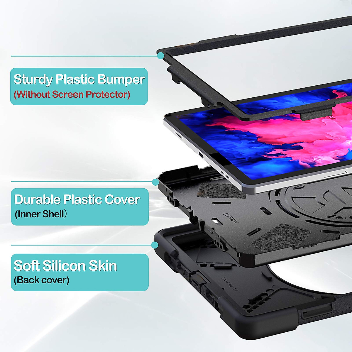 ProCase for Lenovo Tab P11 Plus 2021 / Tab P11 2020 11 inch Full HD Tablet, Heavy Duty Case with Hand Shoulder Strap, Shockproof Rugged Tough Case Protective Cover –Black