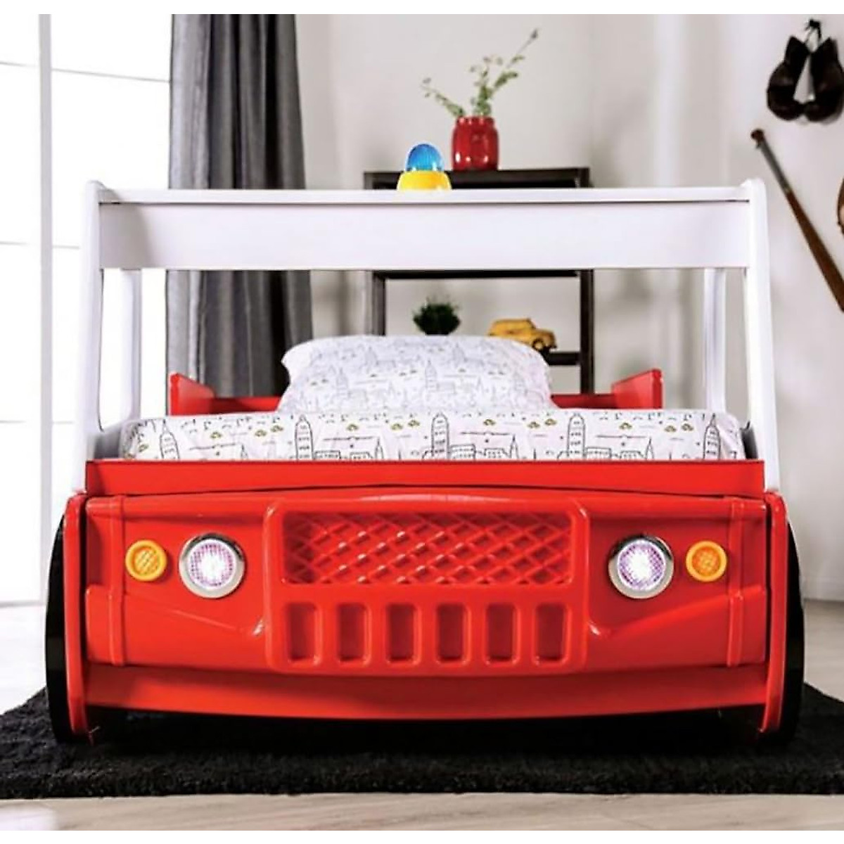 Simple Relax Wooden Twin Bed with Race Car Design in Red