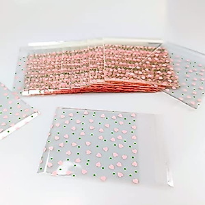 FAZHBARY 100 PCS Valentine Cellophane Bags Pink Heart Clear Cellophane Bags Small Gift Bags Self Sealing Cellophane Goodie Bags for Bakery Supplies