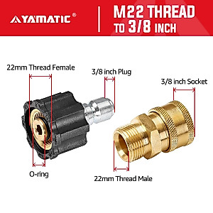 YAMATIC Pressure Washer Adapter Set Quick Connect Kit, M22 to 3/8" Quick Connectors, 5000 PSI Pressure Couplers Fittings for a Pressure Washer, Hose, and Gun (2 PCS)