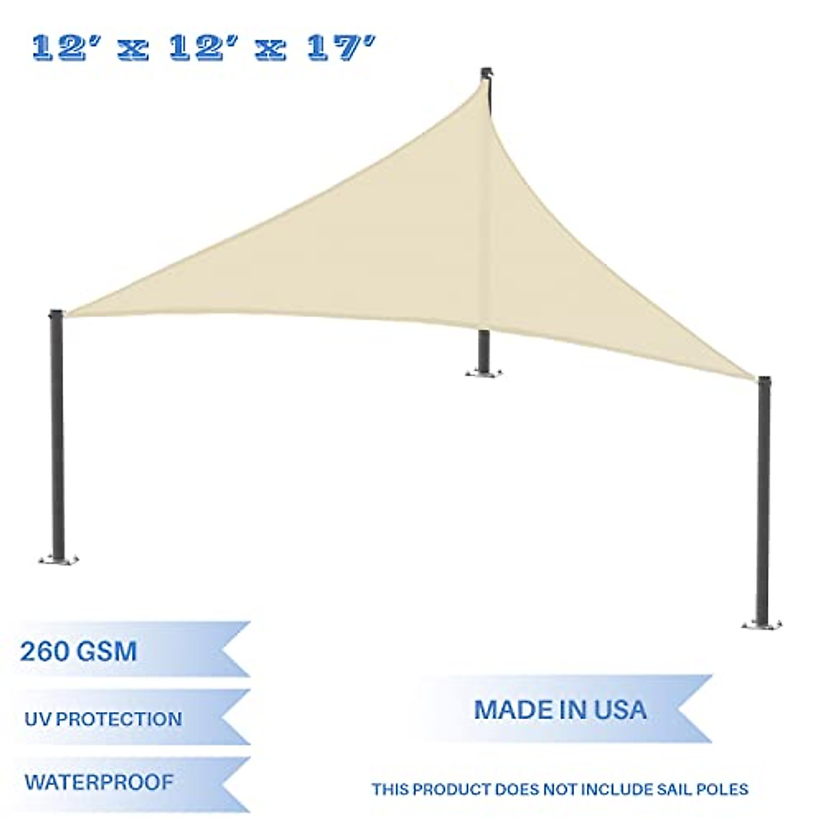 E&K Sunrise 12' x 12' x 17' Beige Waterproof Sun Shade Sail Sight Triangle UV Block Durable Awning Perfect for Canopy Outdoor Garden Backyard