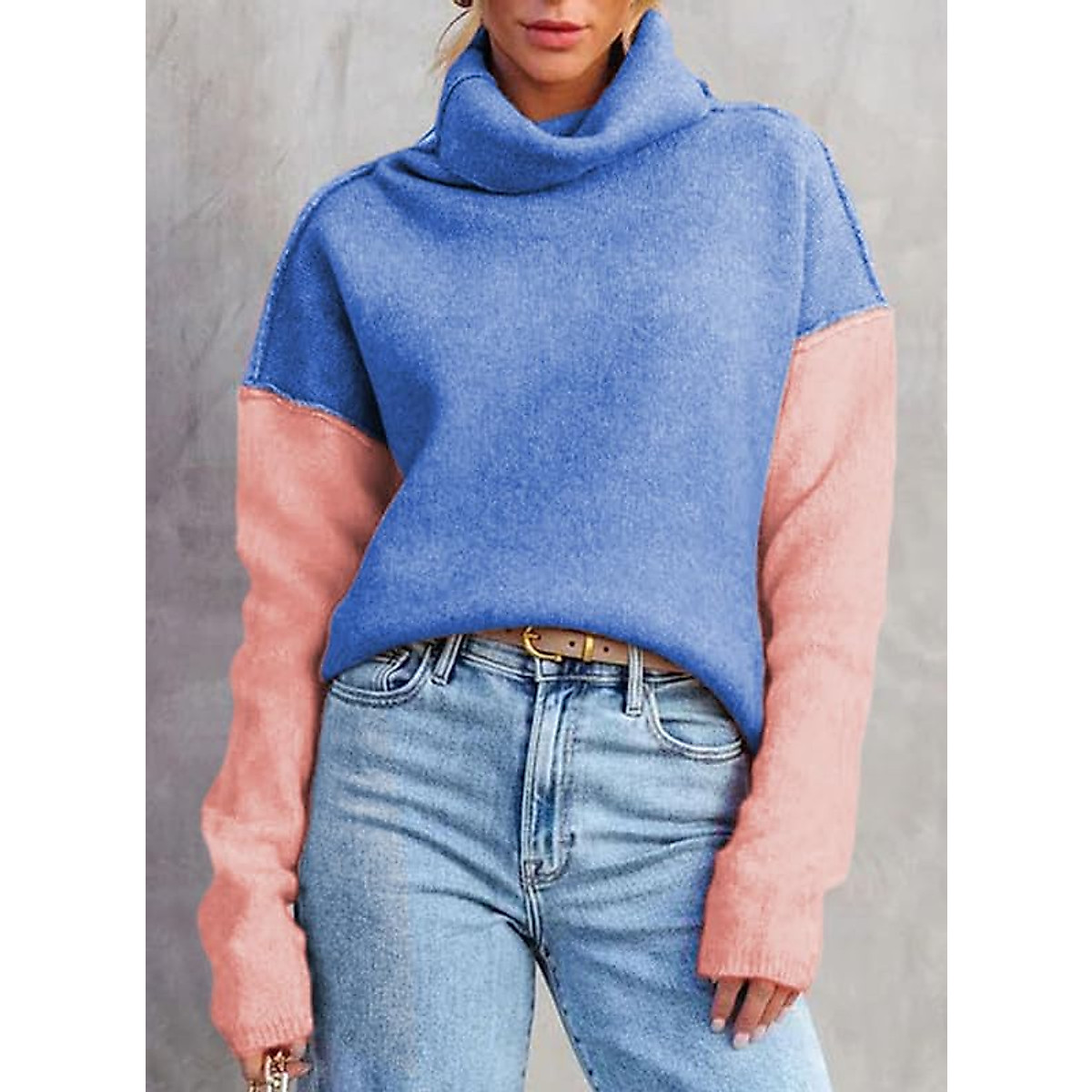 Dokotoo Sweaters for Women 2024 Winter Cowl Neck Side Split Oversized Pullover Tops Batwing Long Sleeve Color Block Knitted Sky Blue Sweater Pullover Tops XX-Large