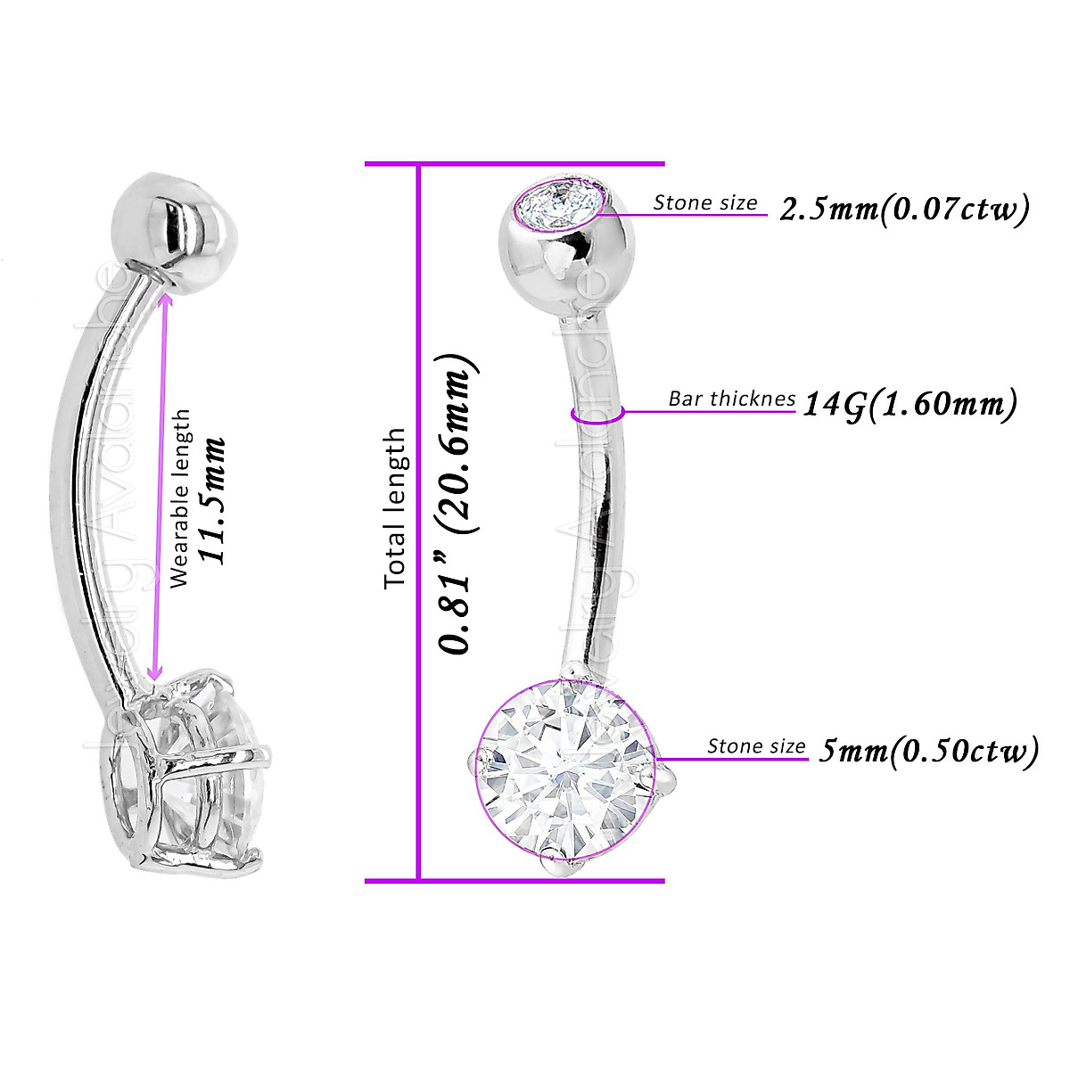 0.57ctw Moissanite Solid 14Kt White Gold Belly Ring, 14G Belly Button Barbell, Navel Piercing Jewelry, 14Kt Gold Body Jewelry - 14KBR02-MNT-WG