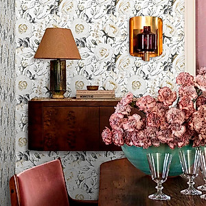 BEETAL Vintage Pale White/Yellow Floral Peony Flowers Rose Grey Leaf Peel and Stick Wallpaper Easy Peel Off Contact Paper Stick on Adhesive Wall Paper for Bathroom Waterproof Renter Friendly