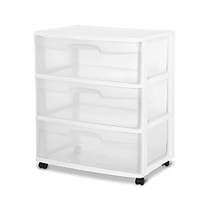 Sterilite 29308001 Wide 3 Drawer Cart, White Frame with Clear Drawers and Black Casters, 1-Pack