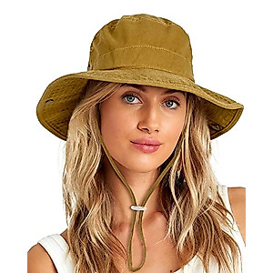 Wide Brim Bucket Sun Hat Packable Cotton Washed UPF 50 Beach Hat for Women Men with Strings Cowboy Outdoor Safari Boonie Cap Brown