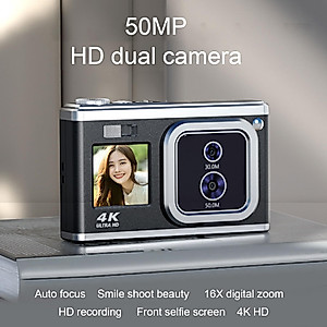 50MP 4K HD Dual Cam Digital Camera with 16X Zoom, Dual IPS Screen and Beauty Flashlight, Small and Portable Digital Camera Digital Camera (Black)