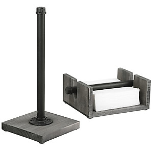 MyGift 2 Piece Rustic Gray Wood and Industrial Metal Kitchen Countertop Paper Towel Holder and Flat Napkin Holder with Weighted Arm