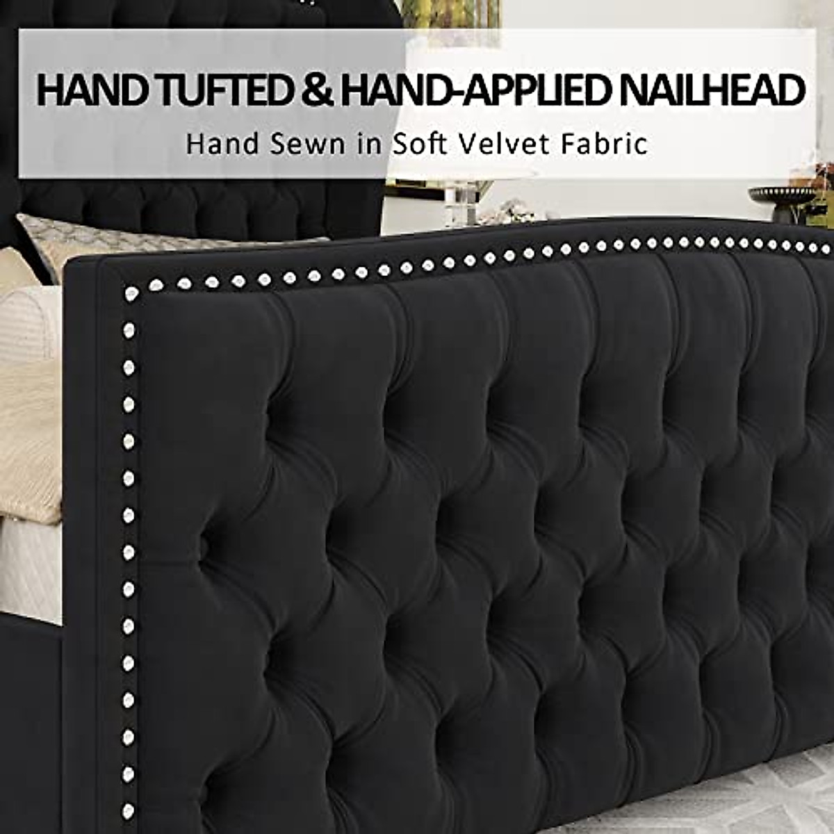 AMERLIFE King Size Platform Bed Frame, Velvet Upholstered Bed with Deep Button Tufted & Nailhead Trim Wingback Headboard/No Box Spring Needed/Black