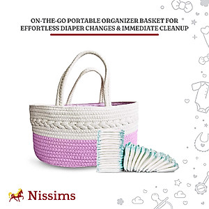 Baby Diaper Caddy Organizer Basket for Changing Table - Large Compact and Portable Woven Cotton Rope and Canvas Nursery Basket with 3 Divisions - Unisex Stylish GrayWhite - 14x8.5x7 Inches