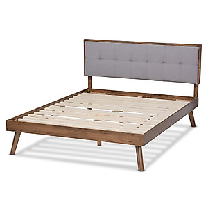 Baxton Studio Alke Mid-Century Modern Light Grey Fabric Upholstered Walnut Brown Finished Wood Queen Size Platform Bed