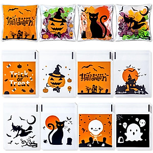 Eunvabir 160 PCS Halloween Cellophane Ziplock Treat Bags, Halloween Self Adhesive Candy Goodie Snacks Gift Bags Plastic Clear Trick or Treat Party Favors/Classroom Prizes