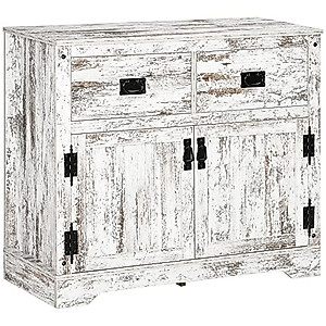 HOMCOM Industrial Sideboard Buffet Cabinet with 2 Drawers Kitchen Storage Cabinet Coffee Bar Cabinet with Double Door Cupboard for Kitchen, Living Room, Distressed White
