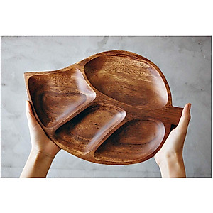 Acacia Premium Leaf Shaped Wooden 4-Compartment Divided Wood Accent-Plates Divided Dessert Dish Serving Trays Platters 4 Section
