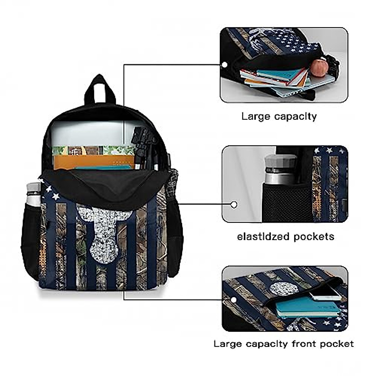 Srufqsi Deer Camo American Flag Hunting Backpack School Bookbag For Boys Girls College Backpack Laptop Backpacks Travel Daypack For Teen Women Men