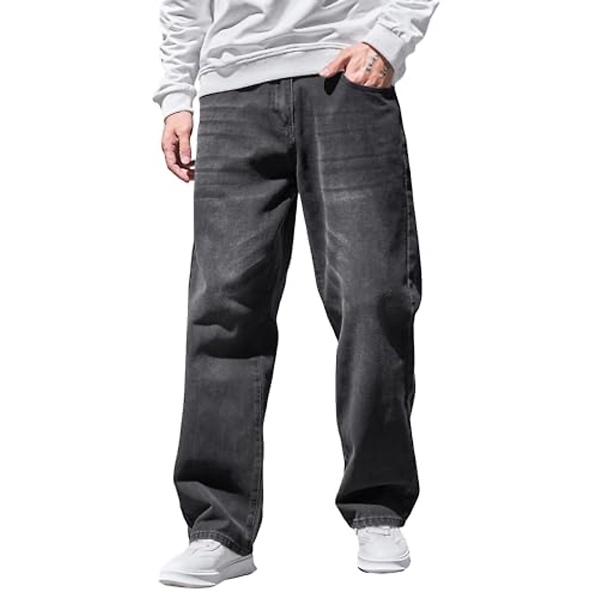 Verdusa Men's High Waist Loose Jeans Baggy Straight Leg Denim Pants Trousers Dark Grey Medium