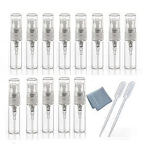 Elfenstal- 10pcs Mini Clear 3ml 1/6OZ Atomizer Fine Mist Empty Glass bottle Spray Refillable Fragrance Perfume Scent Sample Bottle 1pc Clean Cloth for Travel Party Makeup Tool 2pcs free 3ml Pipette