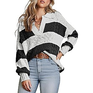 Dokotoo Sweaters for Women Fall 2023 Casual Lightweight Long Sleeve Cable Knit Loose Stylish Winter Sweater V Neck Color Block Turn-Down Collar Striped Pullover Jumper Tops Black Medium