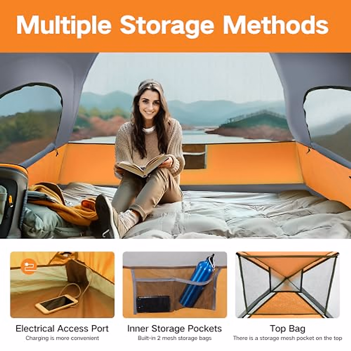 Camping Tent, 3/4 Person Dome Tent Backpacking Instant Tent with Easy Setup, Waterproof Lightweight Portable Pop Up Tent for Camping, Hiking, Mountaineering or Beach, Includes Wind Rope and Carry Bag