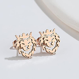 Minimalist Lion Head Stud Earrings Stainless Steel Hollow Animal Crown Pierced Studs Earring Fashion Jewelry for Women Teen Girls BBF Hypoallergenic (Rose Gold)