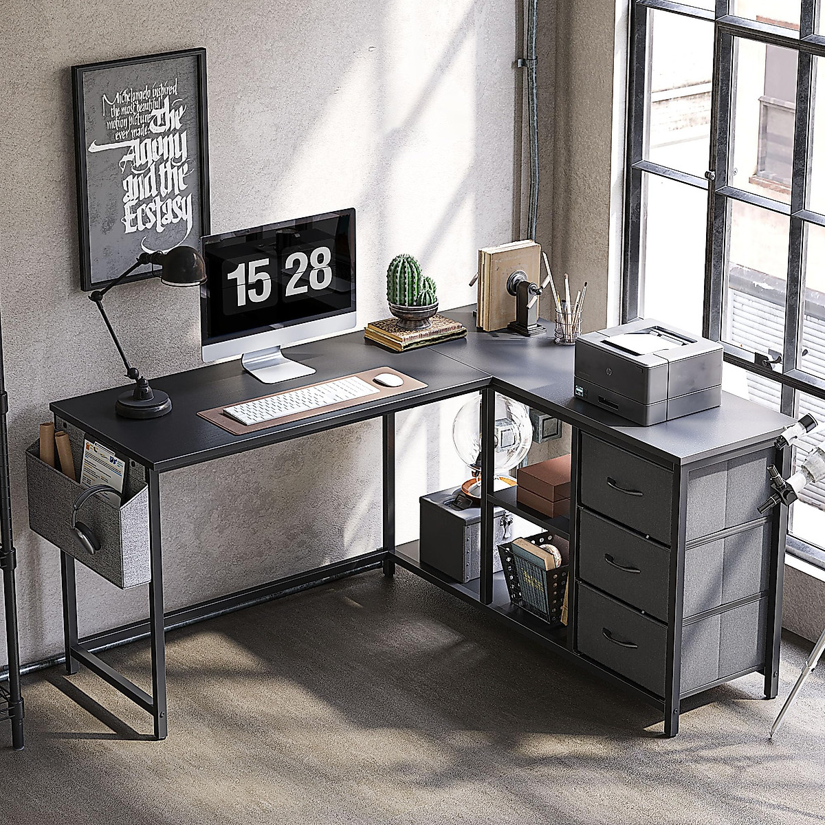Treesland L Shaped Desk with Drawers, Computer Desk with Storage & Shelves, Corner Desk with Storage, Home Office Desks with Drawers, L Shape Desks with Storage, Black