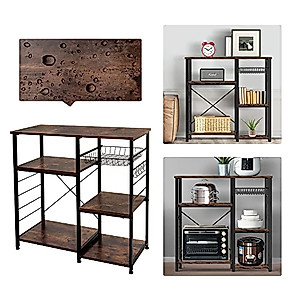 AZL1 Life Concept Industrial Kitchen Rack, Coffee Bar, Microwave Stand Metal Frame, Wire Basket 5 Hooks Mini Oven, Spices Utensils, Simple Assembly, 35.4inch, Rustic Brown