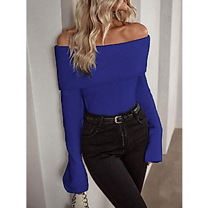 Labolliy Women Off Shoulder Fold Over Long Sleeve Sweaters Casual Solid Ribbed Knit 2023 Fall Pullover Jumper Tops Royal Blue