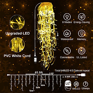 66ft Christmas Lights Outdoor Decorations 640 LED Long Xmas Curtain Fairy String Lights Plug in with Clear Wire 8 Modes Waterproof Memory Timer for Outside Holiday Wedding Party Decor-Warm White
