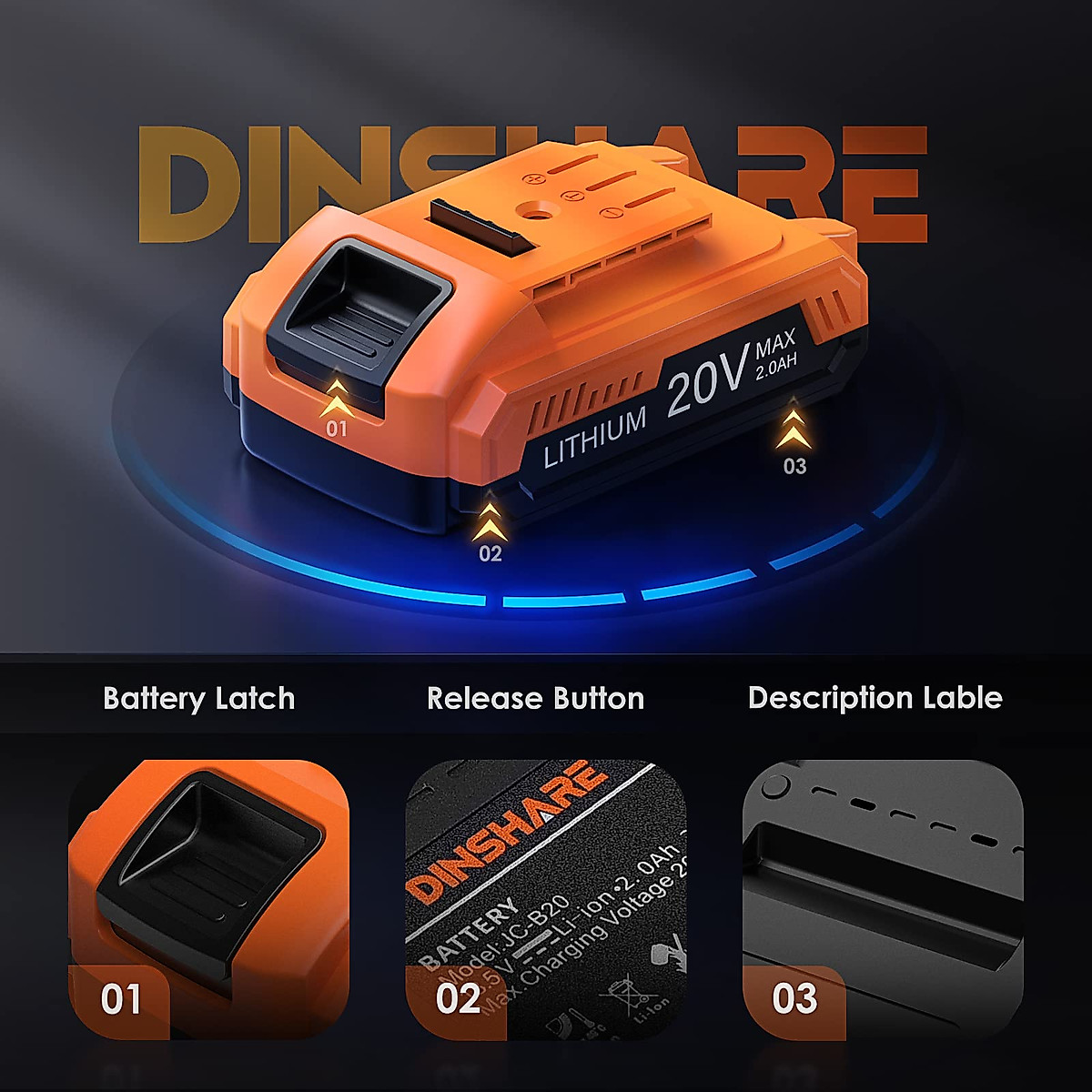 DINSHARE 20V 2.0Ah Battery Fast 2000mAh Lithium-ion Battery Packs for Cordless Tools, Long Life Li-ion Battery Leaf Blower (JC-7001) and Mini Chainsaw (JC-6001), Support Fast Charging