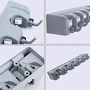 Mop Broom Holder Wall Mounted Kitchen Tool Organizer and Storage Rack, 6 Hooks and 5 Slots, Grey