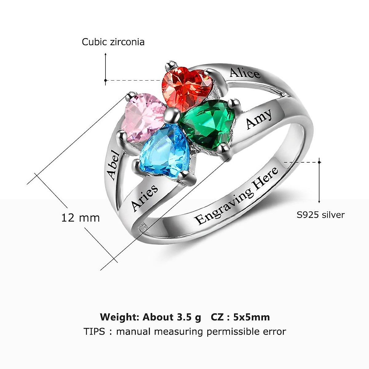 Personalized Mothers Ring with 4 Simulated Birthstones Engraved Names Family Rings Mom Jewelry for Women (10)