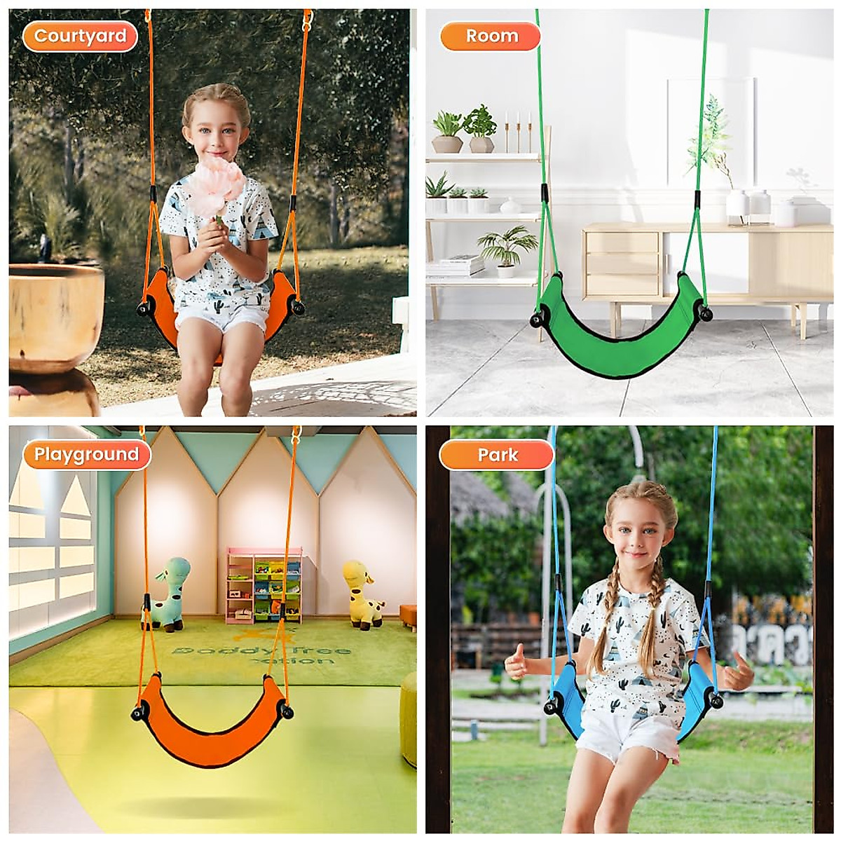 ROPECUBE Children Outdoor Swing Seat, with Adjustable Ropes, Kids Safety Playground Swing Seat Replacement, Belt Swing, for Indoor Outdoor Backyard Play (Green)