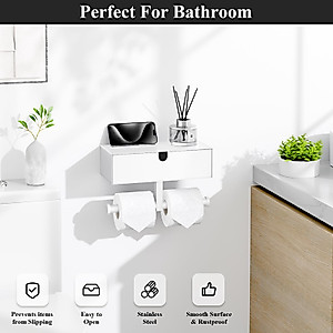 Tindbea Toilet Paper Holder with Storage - Stainless Steel Wall Mounted Toilet Paper Holder with Shelf, Flushable Wipes Holer Dispenser, Tampon Storage for Bathroom, Double Tissue Roll Holder, White