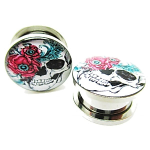 Pierced Republic Flower & Skull Stainless Steel Ear Plugs - Screw on - New *Pair* (0 Gauge (8mm))
