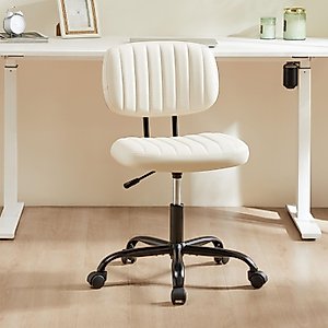 Warmiehomy Armless Office Chair with Wheels Small Swivel Rolling Desk Chair PU Leather Hieght Adjustable Computer Task Chair Modern Vanity Chair with Low Back Lumbar Support,White