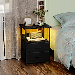 Fixwal Night Stand with Charging Station, LED Nightstand with U-S-B Ports and Outlets, 2 Fabric Storage Drawers with PU Finish, Bedside Table, Black